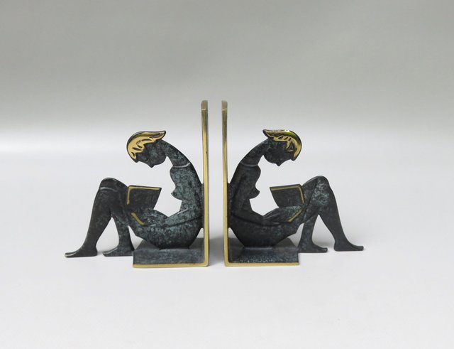 Reading Girl Bookends in Brass with Black-Green Patina, 1950s, Set of 2 ...