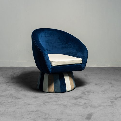Circular Blue Velvet Lounge Chair, 1970s for sale at Pamono