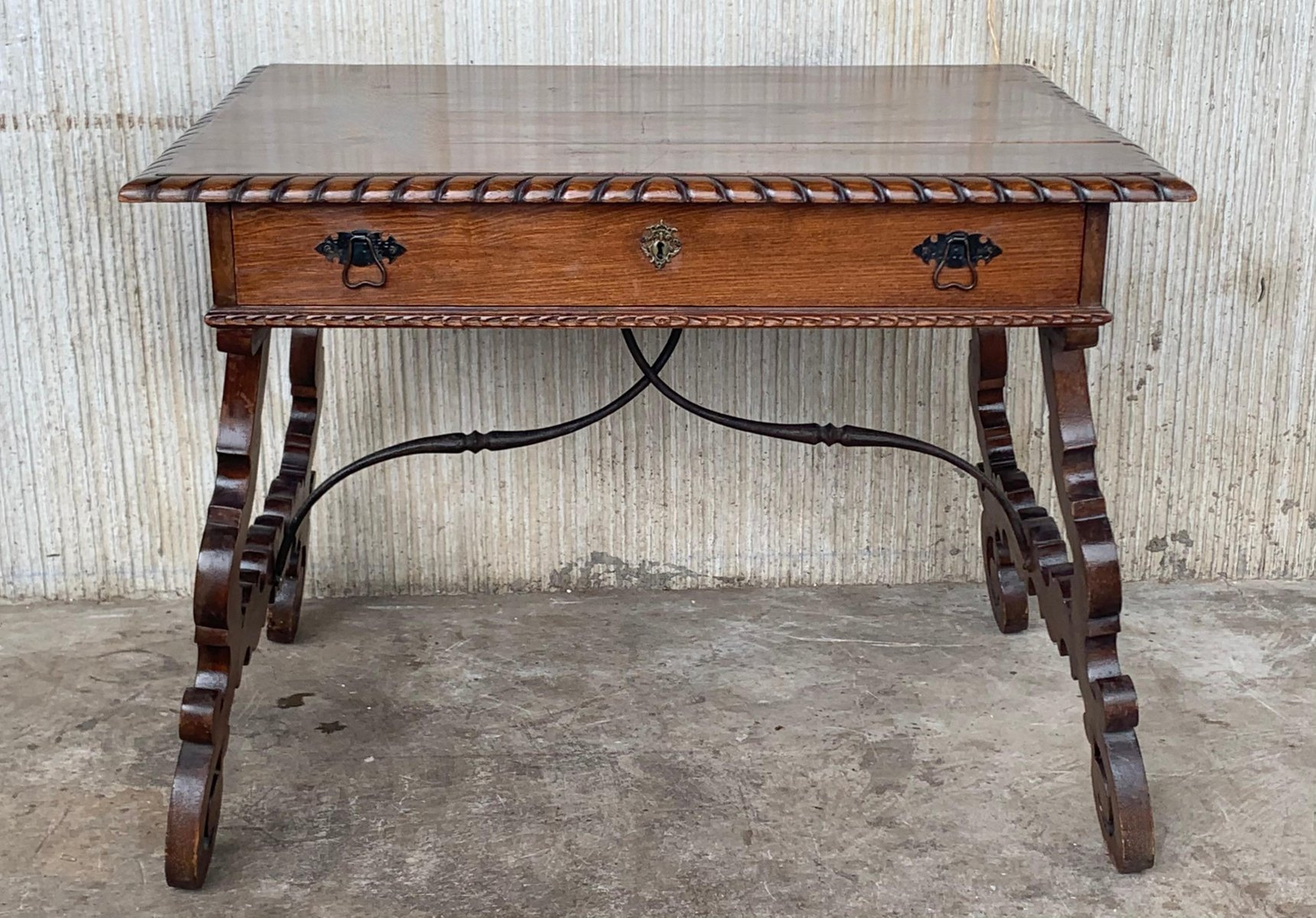 Early 20th-Century Spanish Desk with Lyre Legs and Carved Edges on Top ...