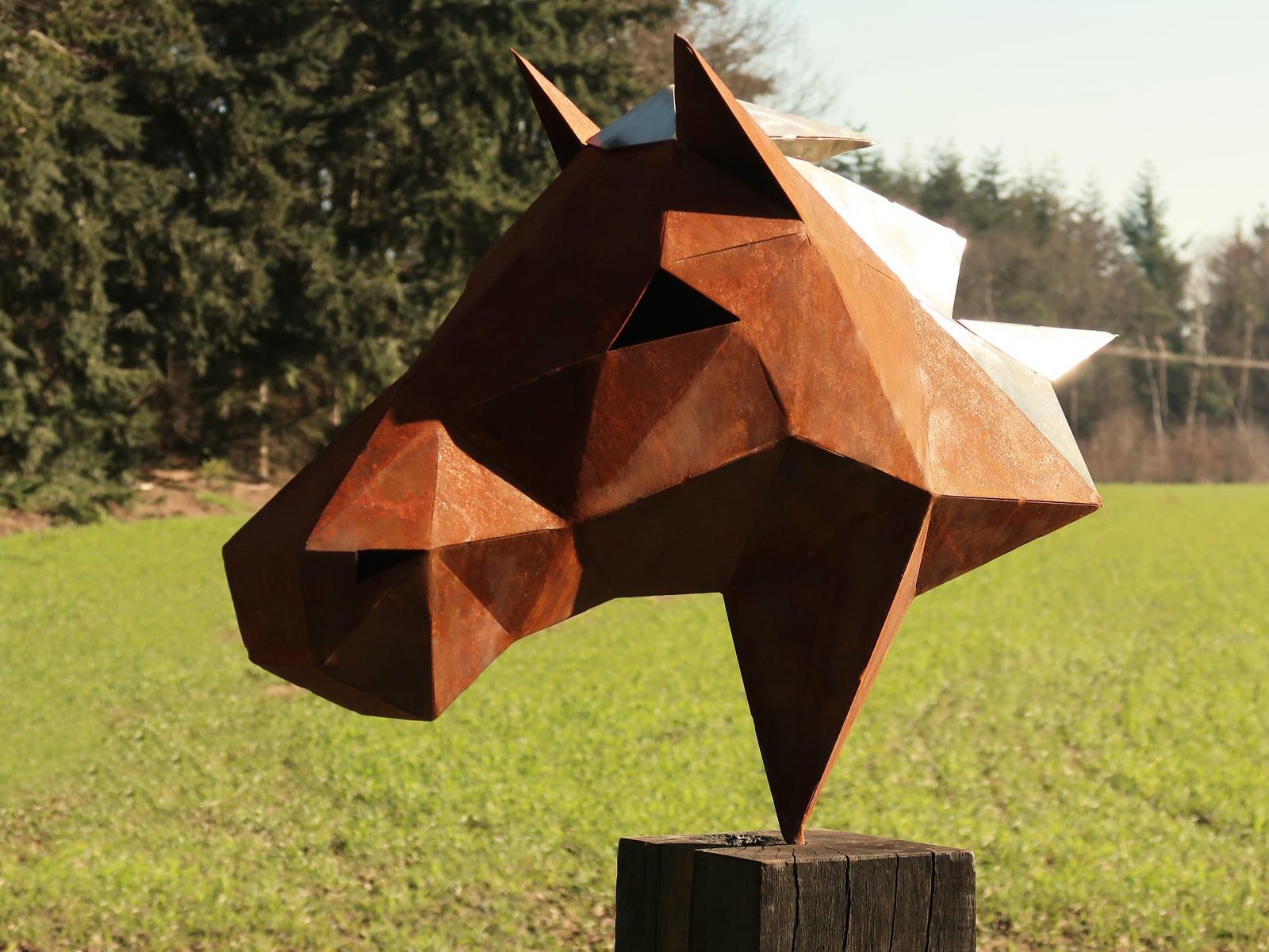 German Steel Polygon Sculpture, Horse on an Oxidised Oak Pedestal, 21st ...