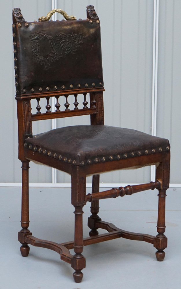 French Henry II Oak & Embossed Leather Lion Dining Chairs, 1880s, Set ...