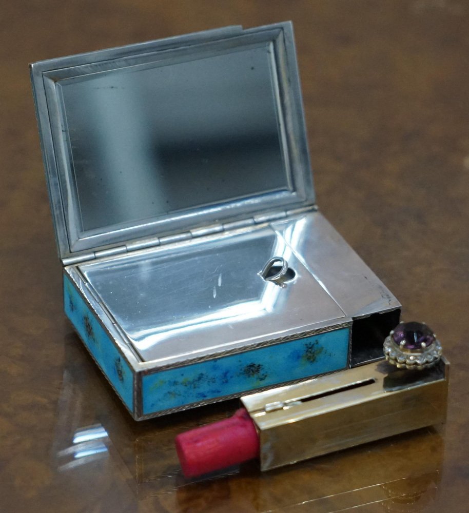 Sterling Silver Diamond & Enamel Powder Compact with Lipstick, 1900s ...