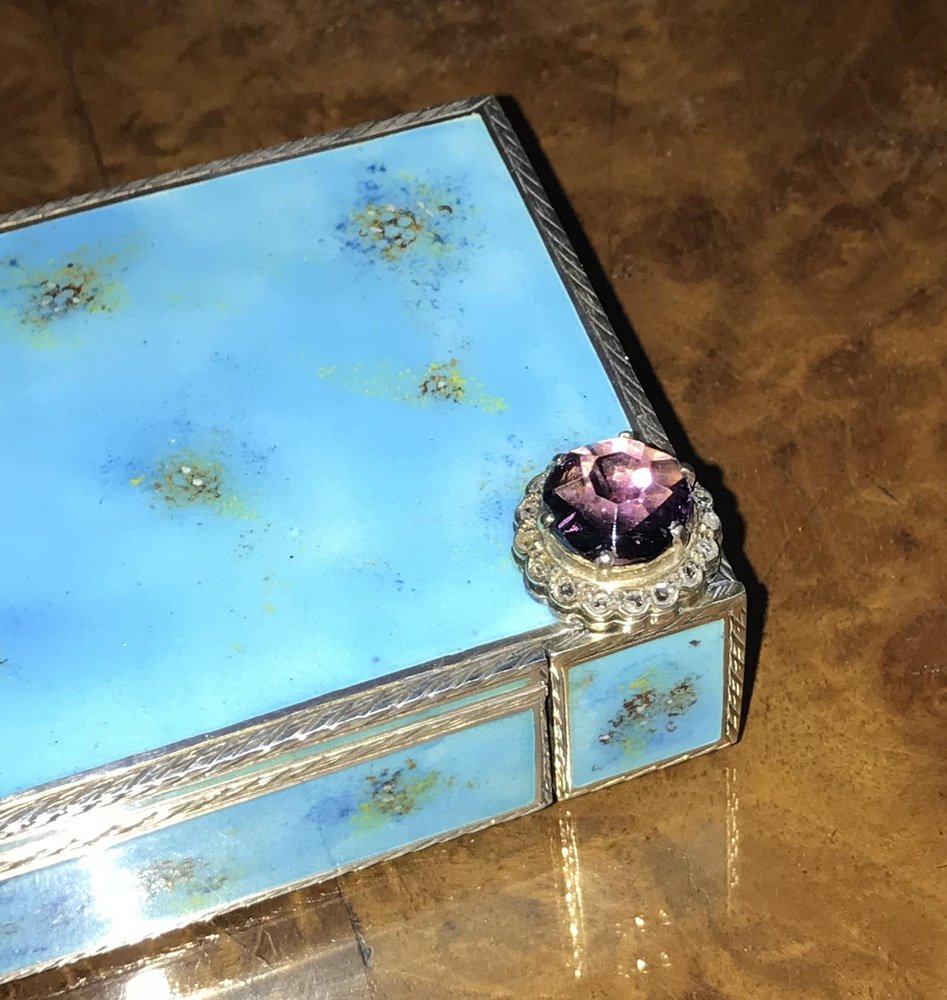 Sterling Silver Diamond & Enamel Powder Compact with Lipstick, 1900s ...