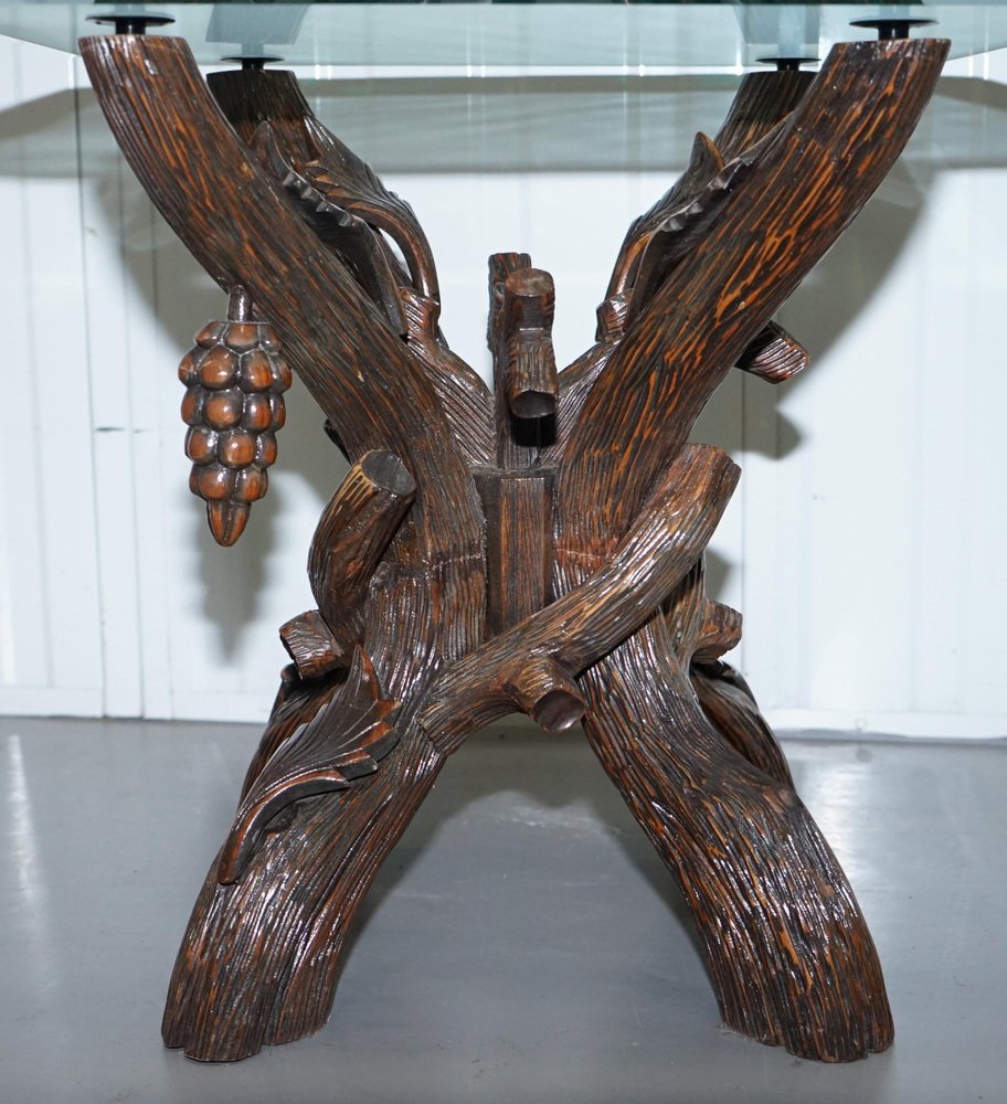 Black Forest Side Table with Glass Top & Wood Carvings of Leaves ...