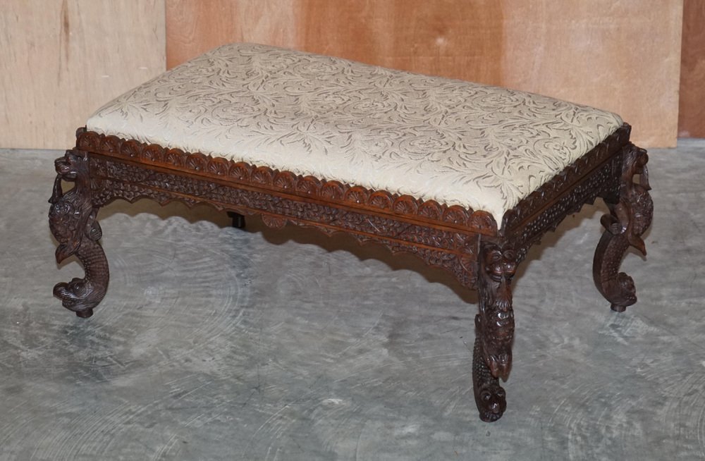 Antique Anglo-Indian Burmese Victorian Carved Footstool Ottoman, 1880s ...