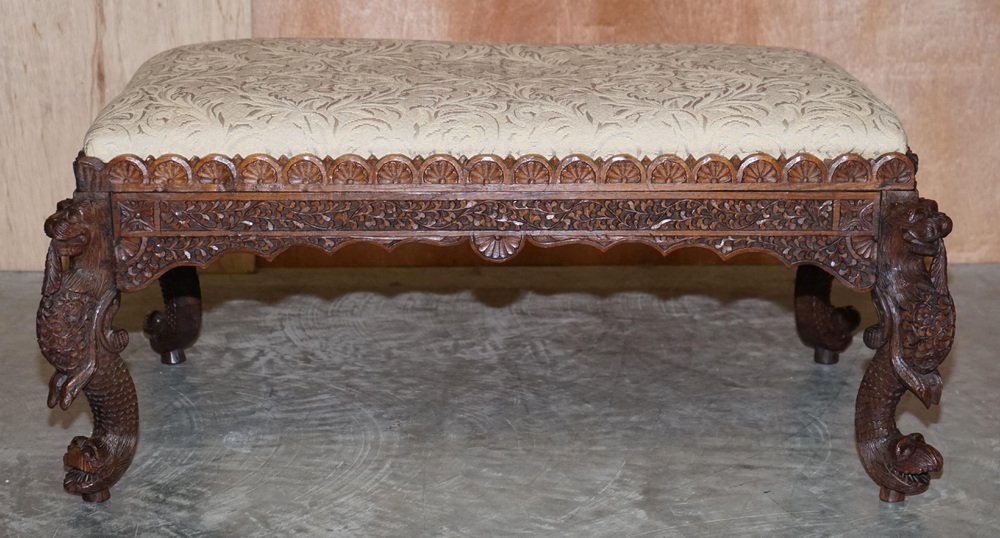 Antique Anglo-Indian Burmese Victorian Carved Footstool Ottoman, 1880s ...