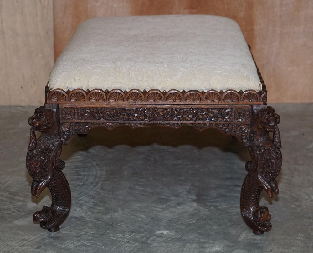 Antique Anglo-Indian Burmese Victorian Carved Footstool Ottoman, 1880s ...
