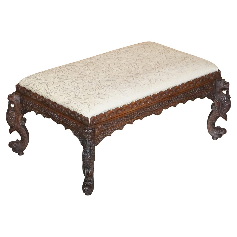 Antique Anglo-Indian Burmese Victorian Carved Footstool Ottoman, 1880s ...