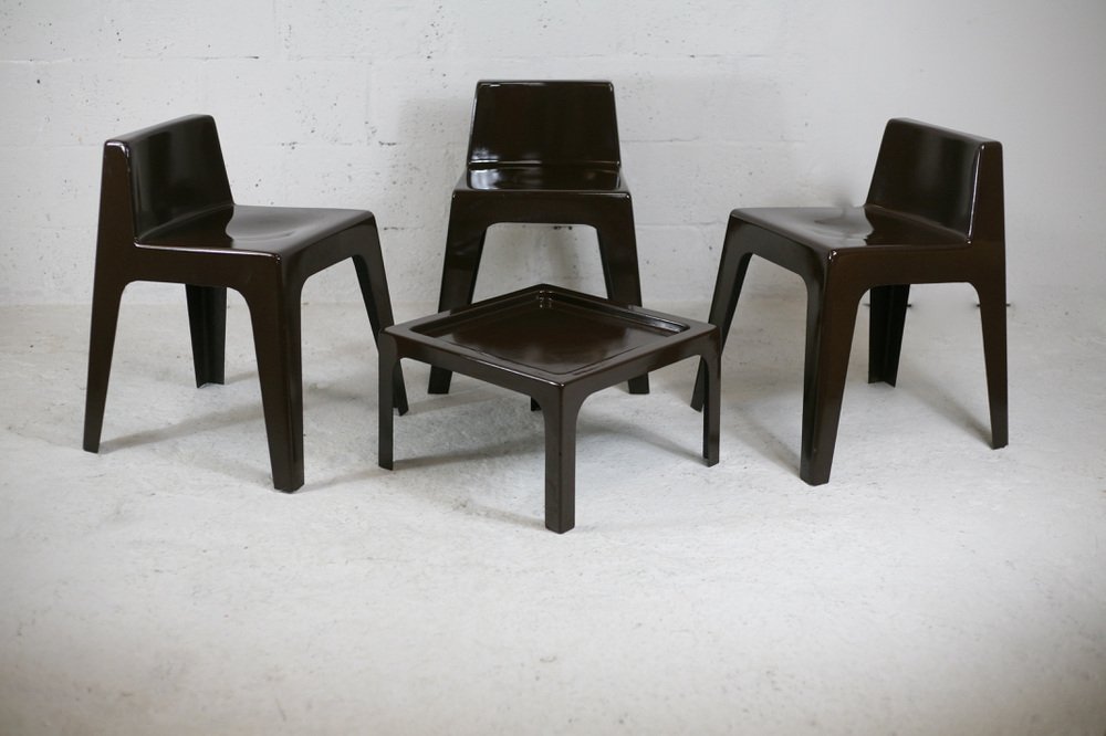 Fibreglass Chocolate Color Chairs and Coffee Table, France, 1970s, Set ...