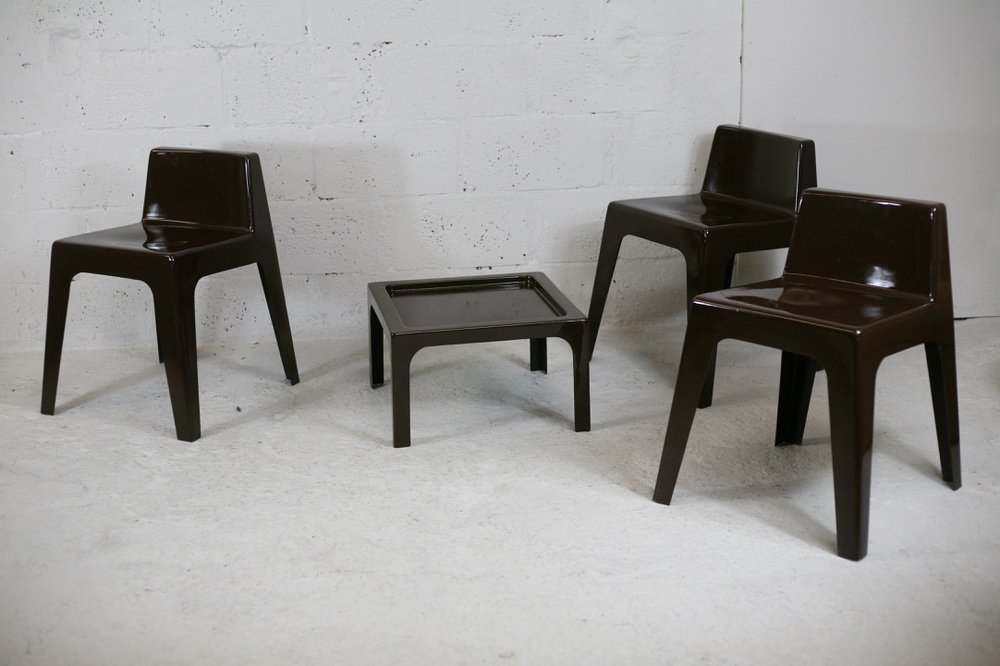 Fibreglass Chocolate Color Chairs and Coffee Table, France, 1970s, Set ...