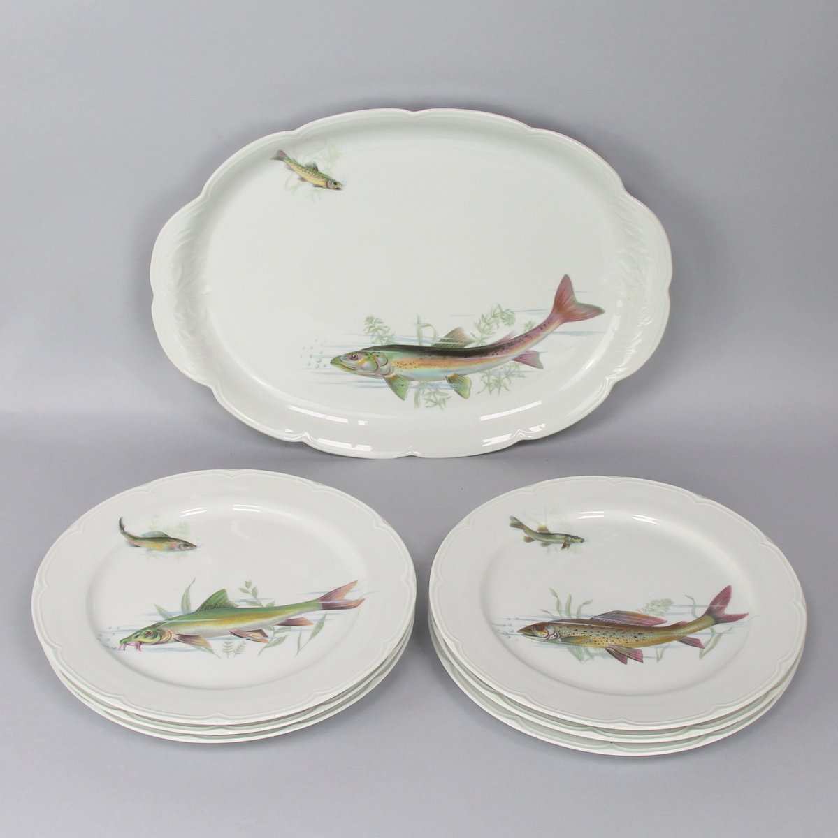 Porcelain Fish Dishes and Tray Set, 1960s, Set of 7 for sale at Pamono