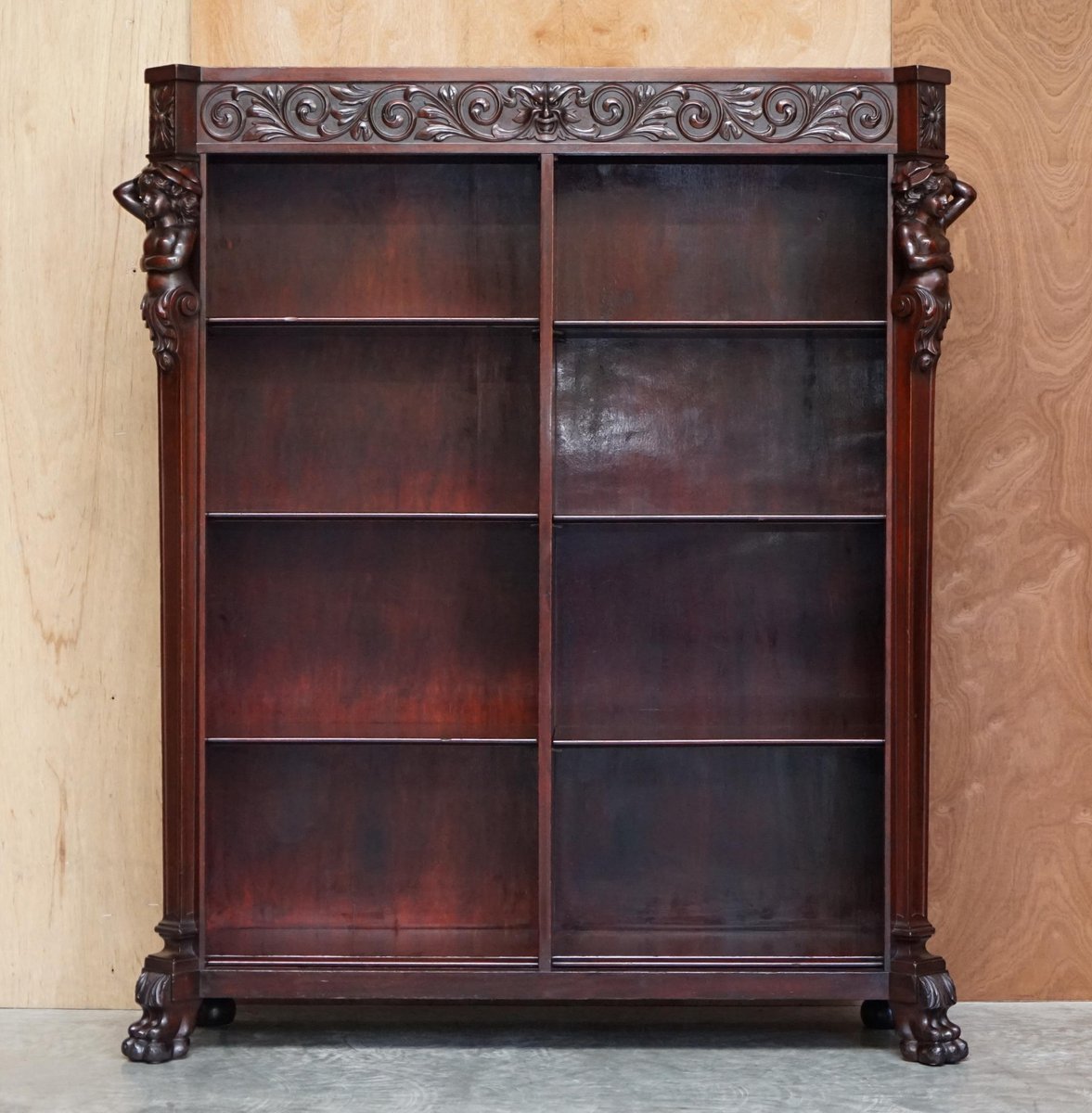 Hand Carved Bookcase in Hardwood with Herm Statues, 1900s for sale at ...