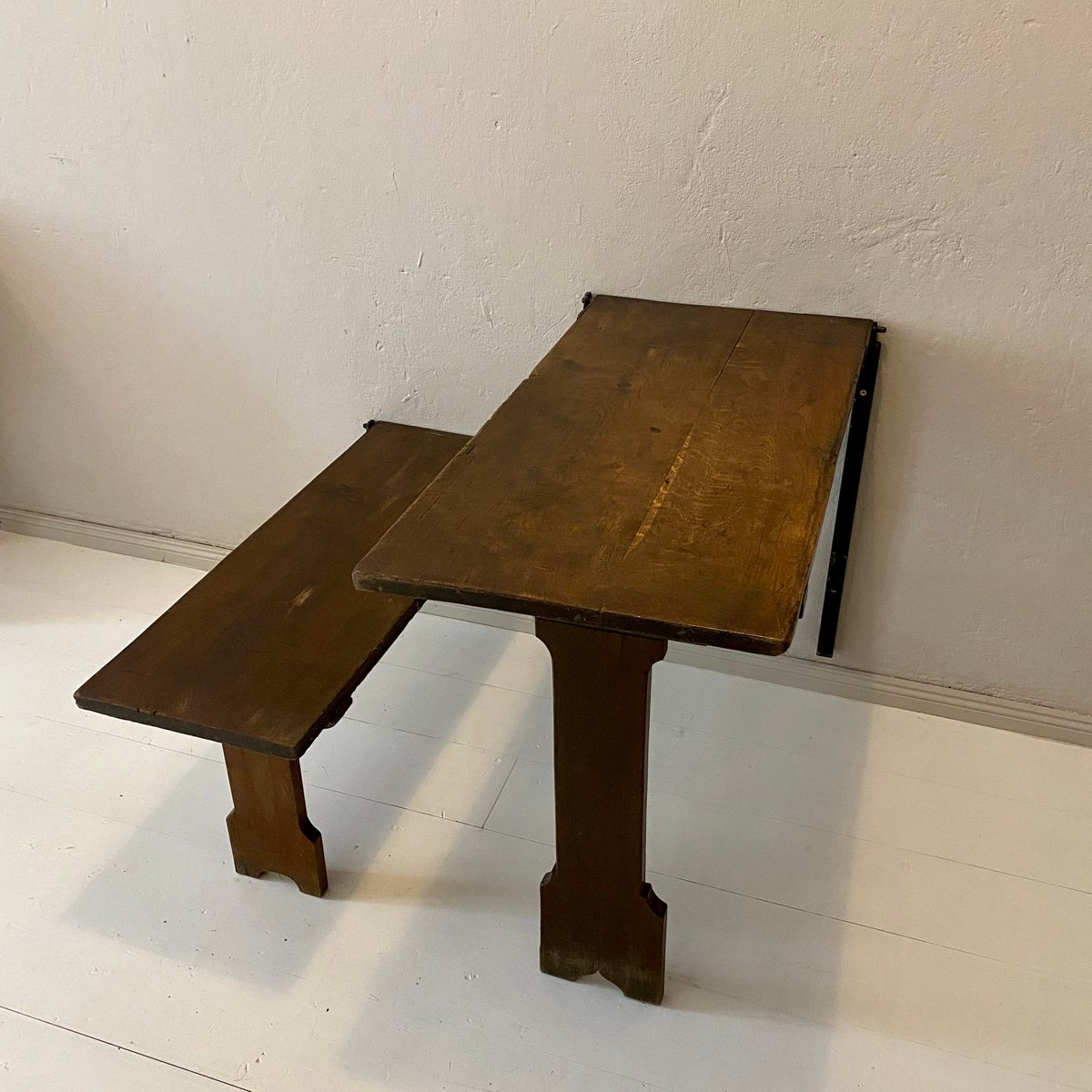 Art Deco German Wabi Sabi Brown Oak Prison Cell Table and Bench, 1930s ...