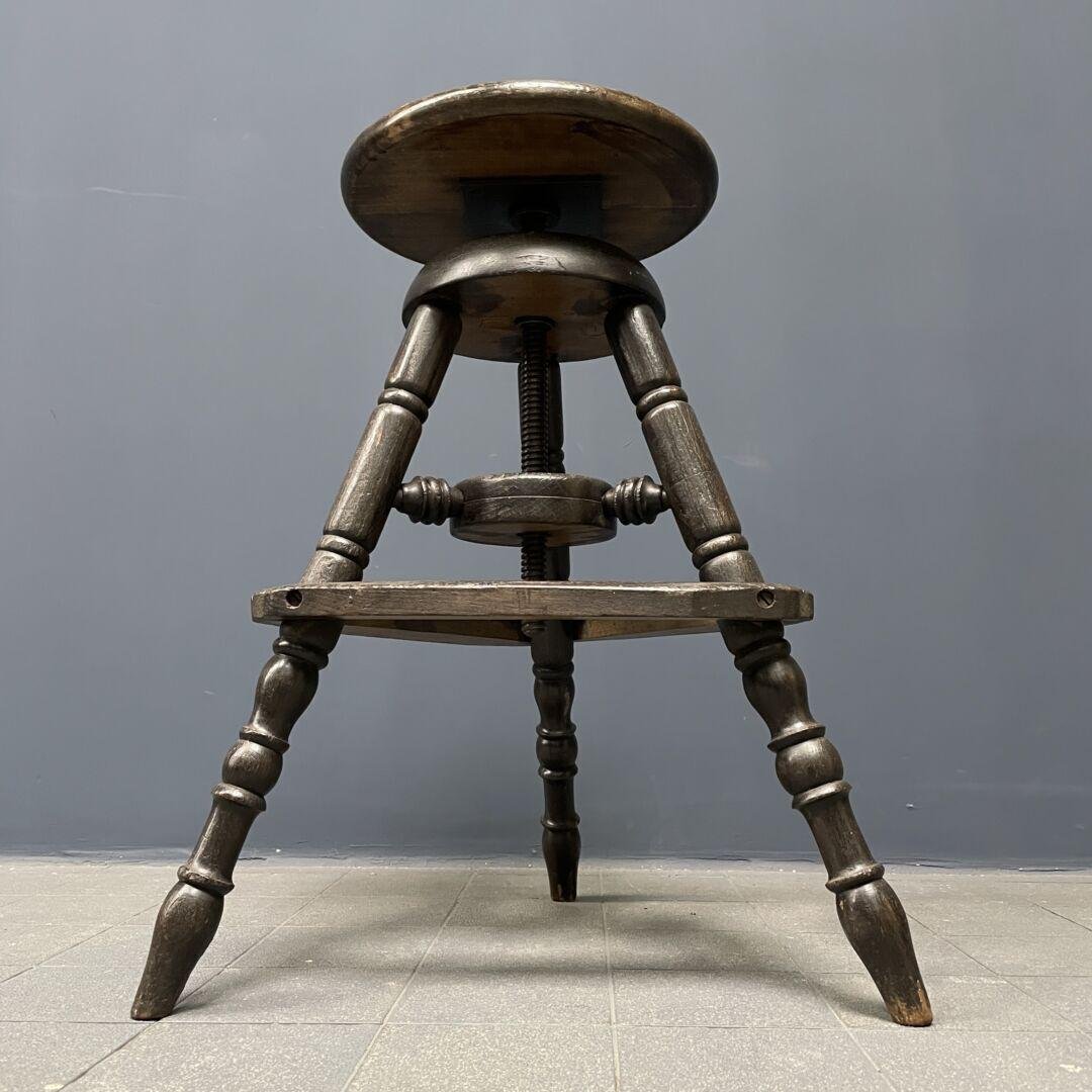 Antique Dark Work Stool with Spindle for sale at Pamono