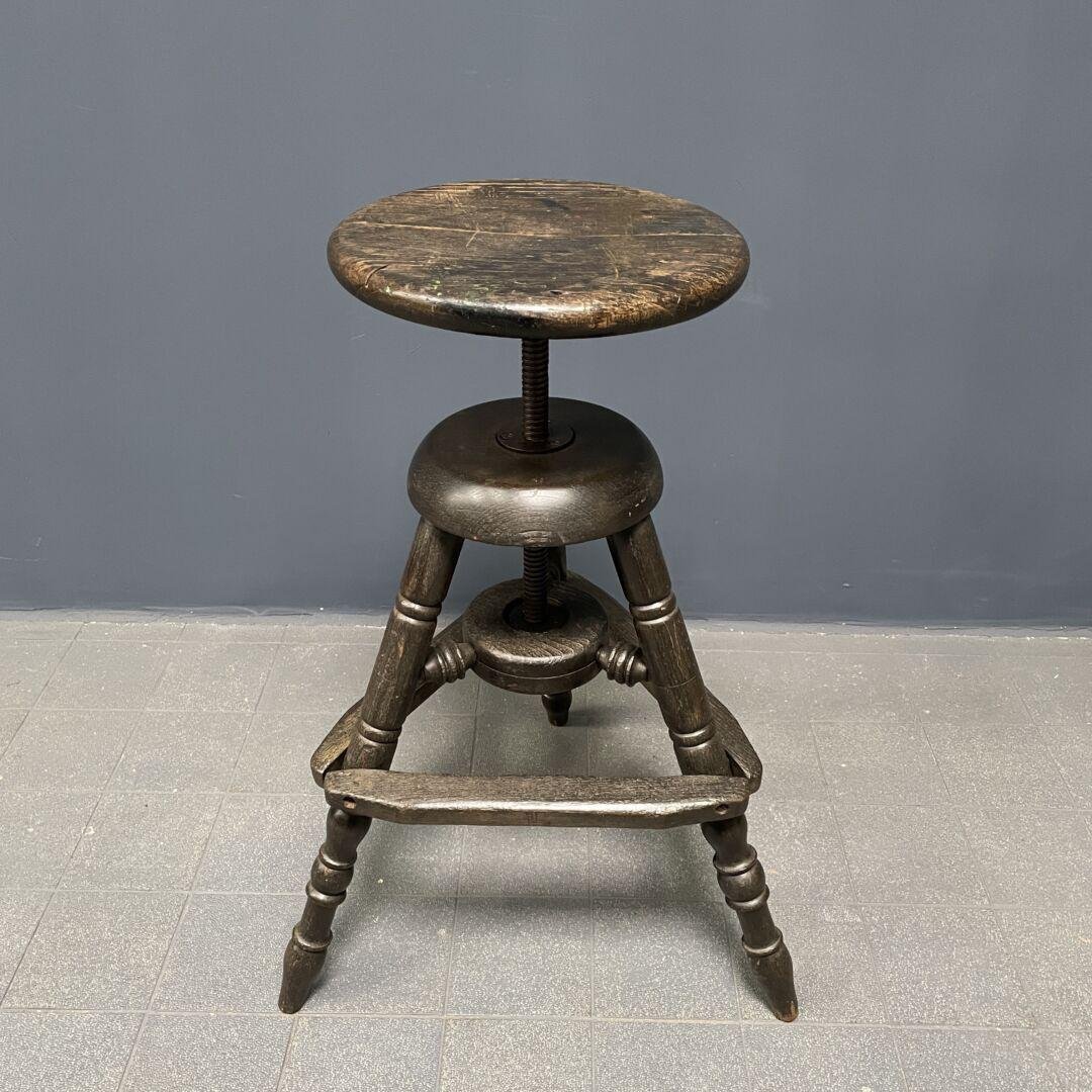 Antique Dark Work Stool with Spindle for sale at Pamono
