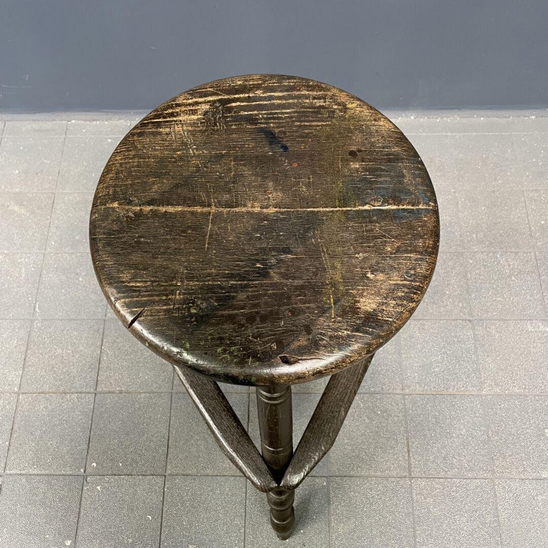 Antique Dark Work Stool with Spindle for sale at Pamono