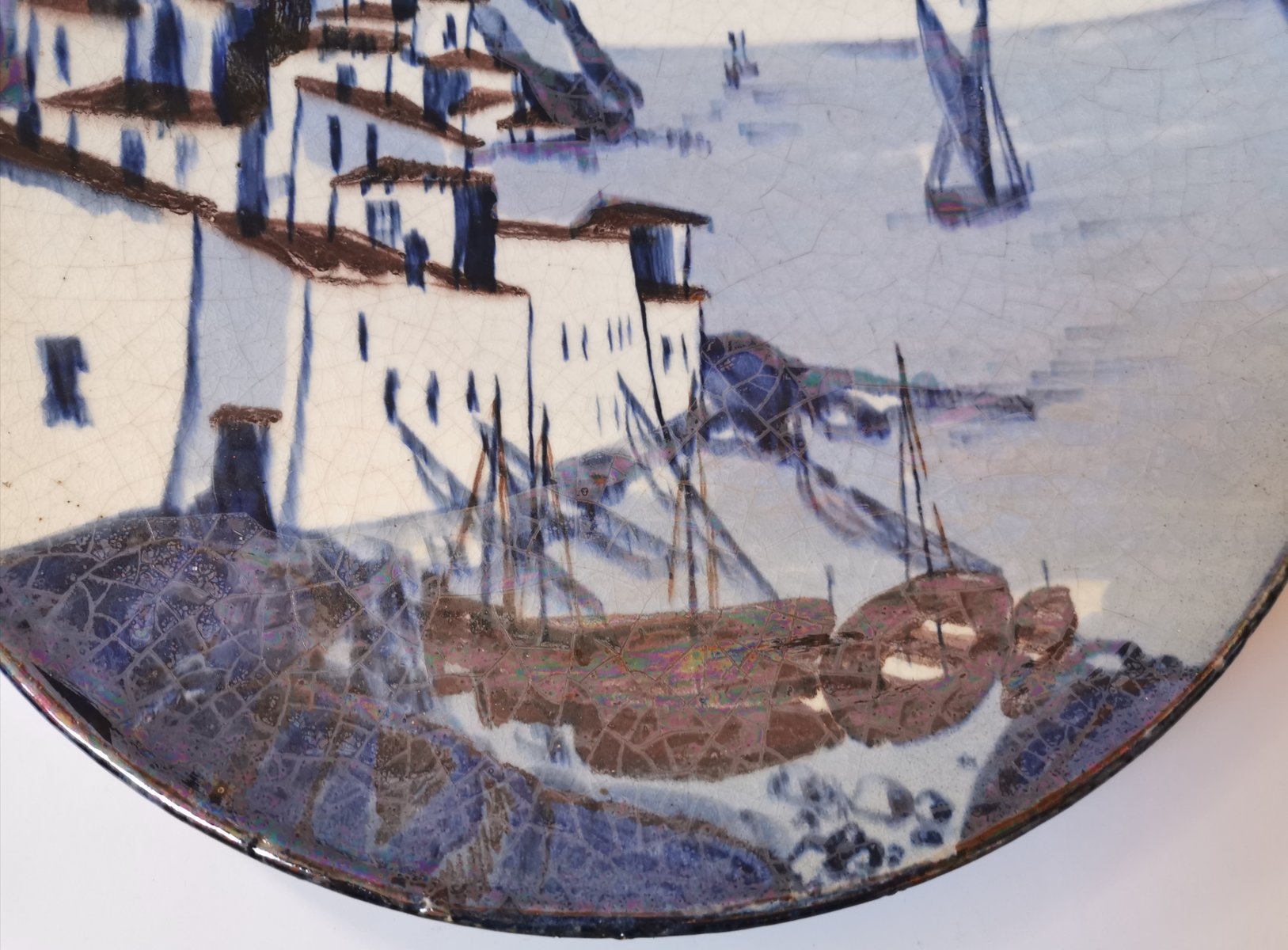 Large Ceramic Plate Depicting Boats in Harbor for sale at Pamono