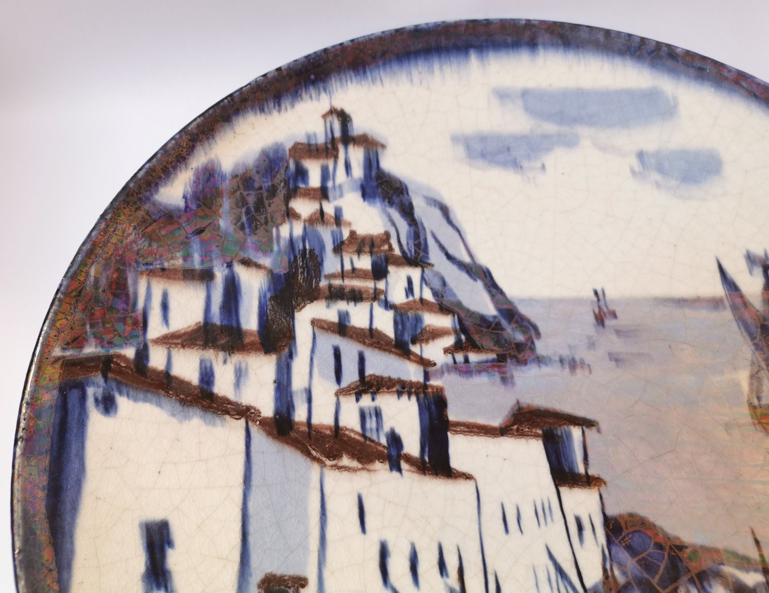 Large Ceramic Plate Depicting Boats in Harbor for sale at Pamono