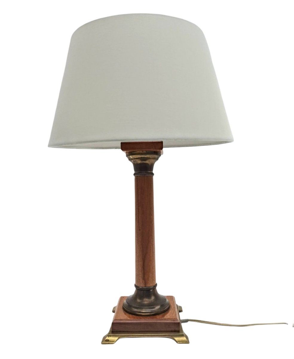 Large Wood and Brass Column Lamp for sale at Pamono