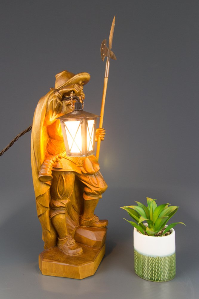 Hand Carved Wooden Sculpture Lamp Depicting Night Watchman with Lantern ...