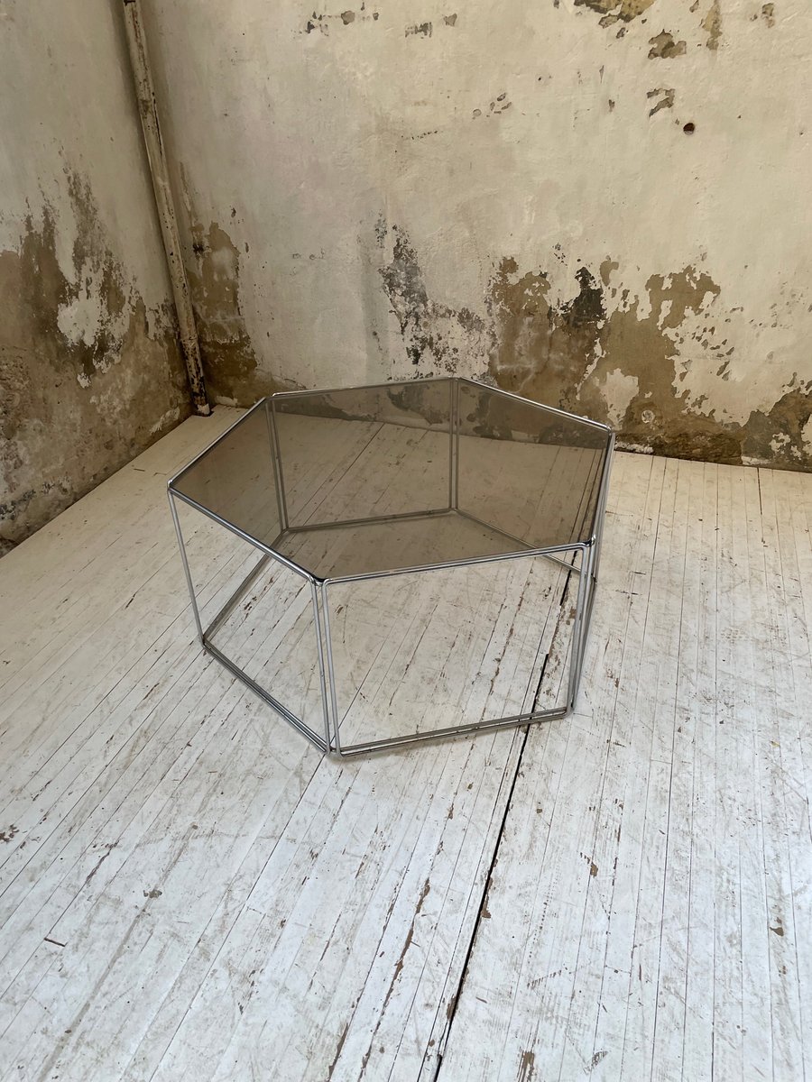 Glass and Hexagonal Chrome Coffee Table for sale at Pamono