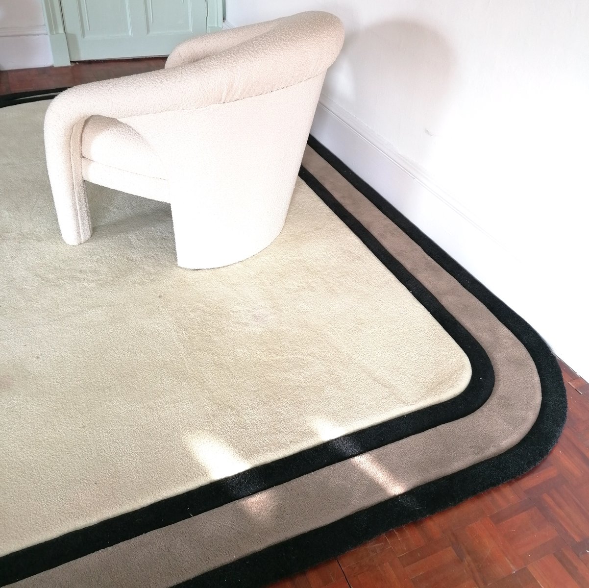 Large Vintage American Deco Revival Curved Wool Rug with Carved Swirl ...