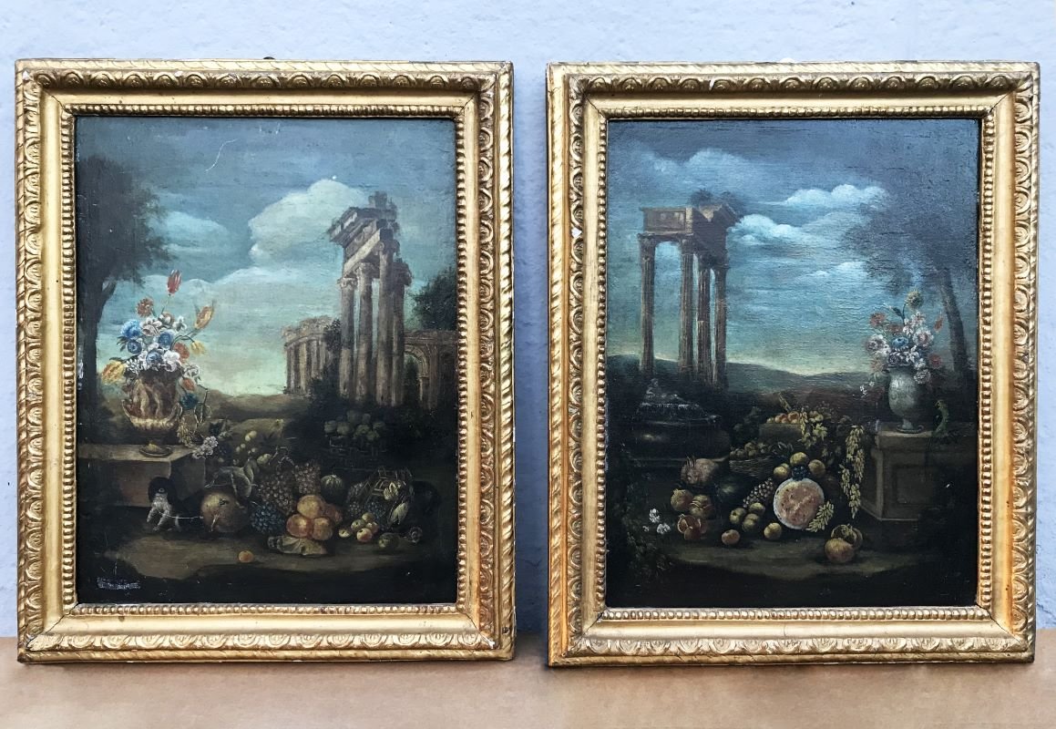 Antike Gemälde, Öl auf Leinwand, Gerahmt, 2er Set bei Pamono kaufen