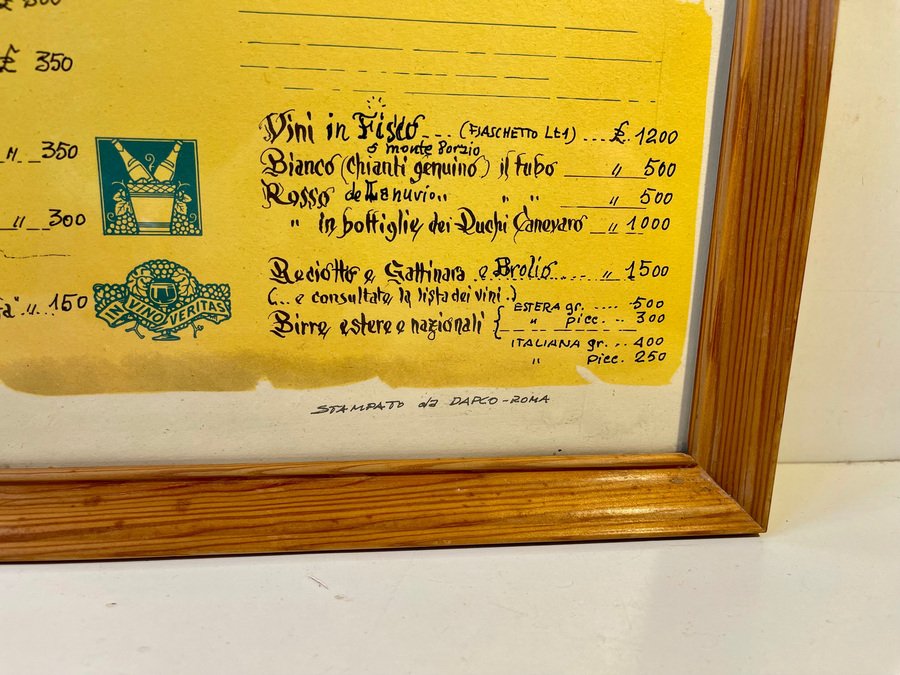 Vintage Italian Menu Card Poster, 1960s for sale at Pamono