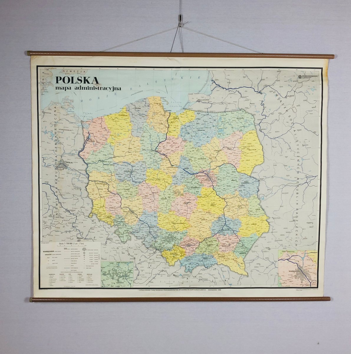 Vintage Large Hanging School Map of Poland, 1980s for sale at Pamono