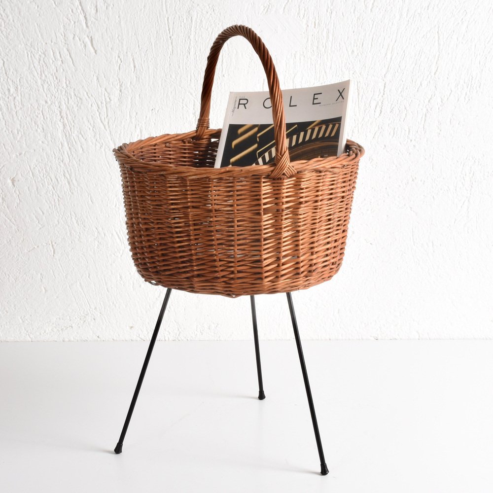 Mid-Century Italian Wicker Basket Magazine Rack with Enameled Iron Base ...