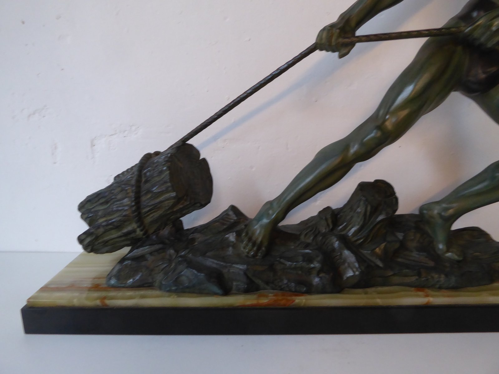 Art Deco Green Patinated Metal and Marble Sculpture of Man Pulling ...