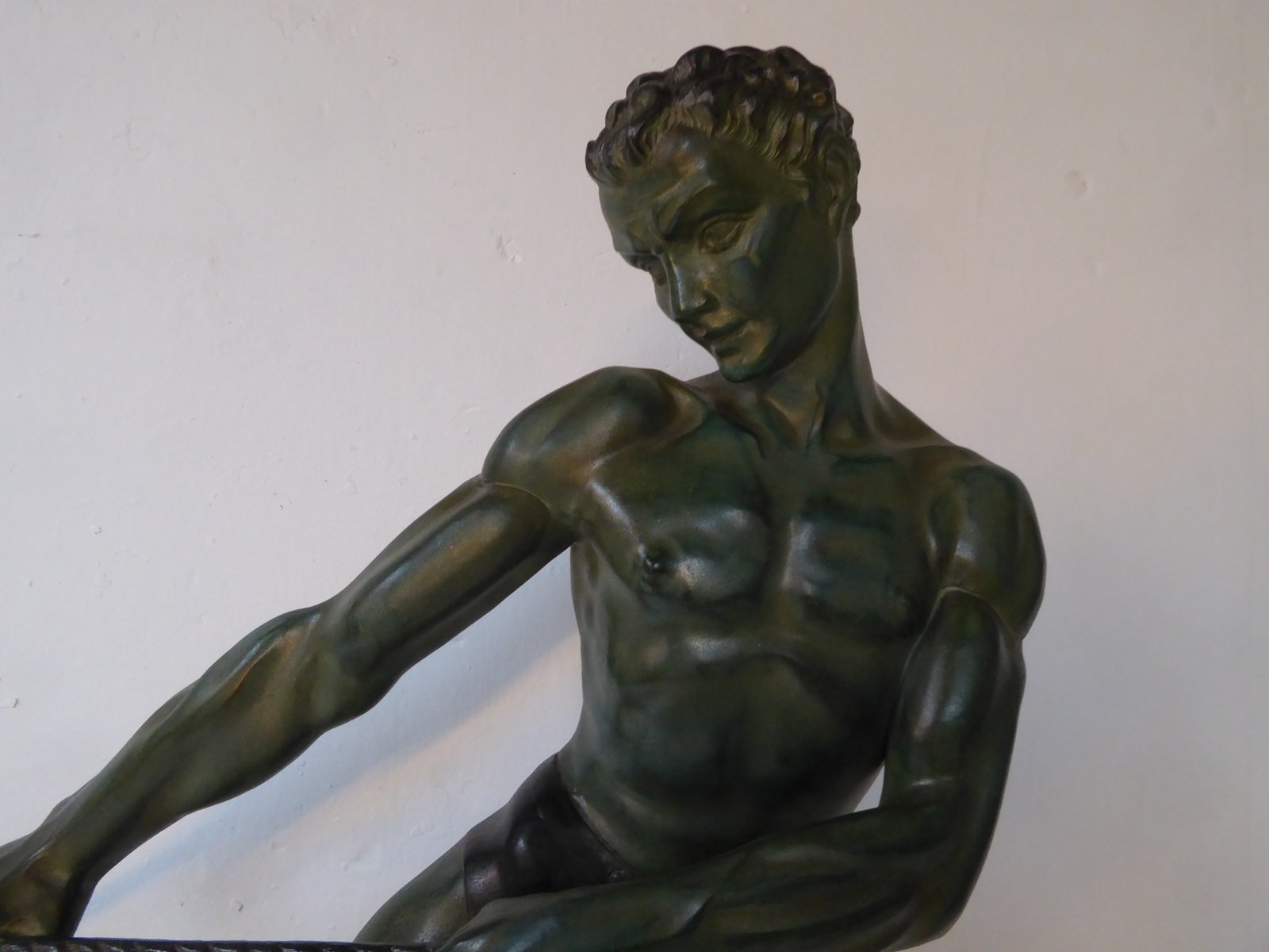 Art Deco Green Patinated Metal and Marble Sculpture of Man Pulling ...