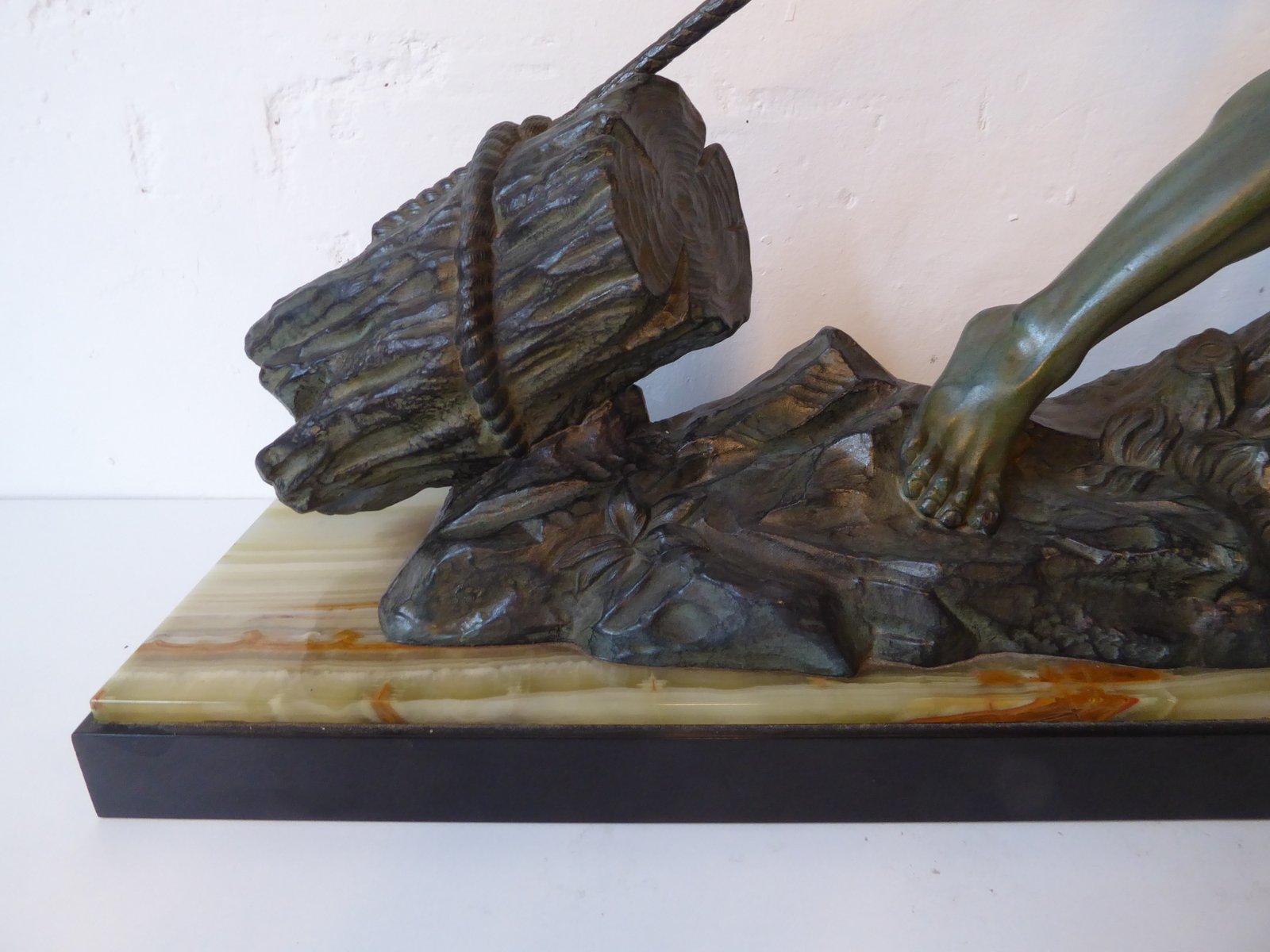 Art Deco Green Patinated Metal and Marble Sculpture of Man Pulling ...