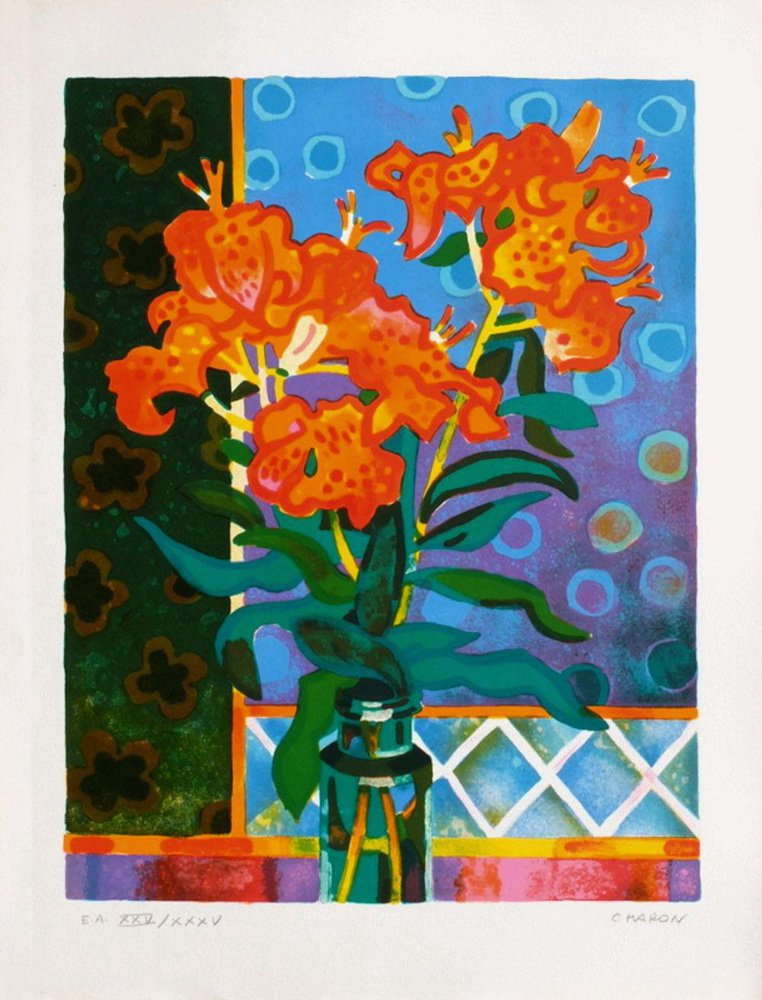 Guy Charon, Fleurs et céramique, 1975, Lithograph for sale at Pamono