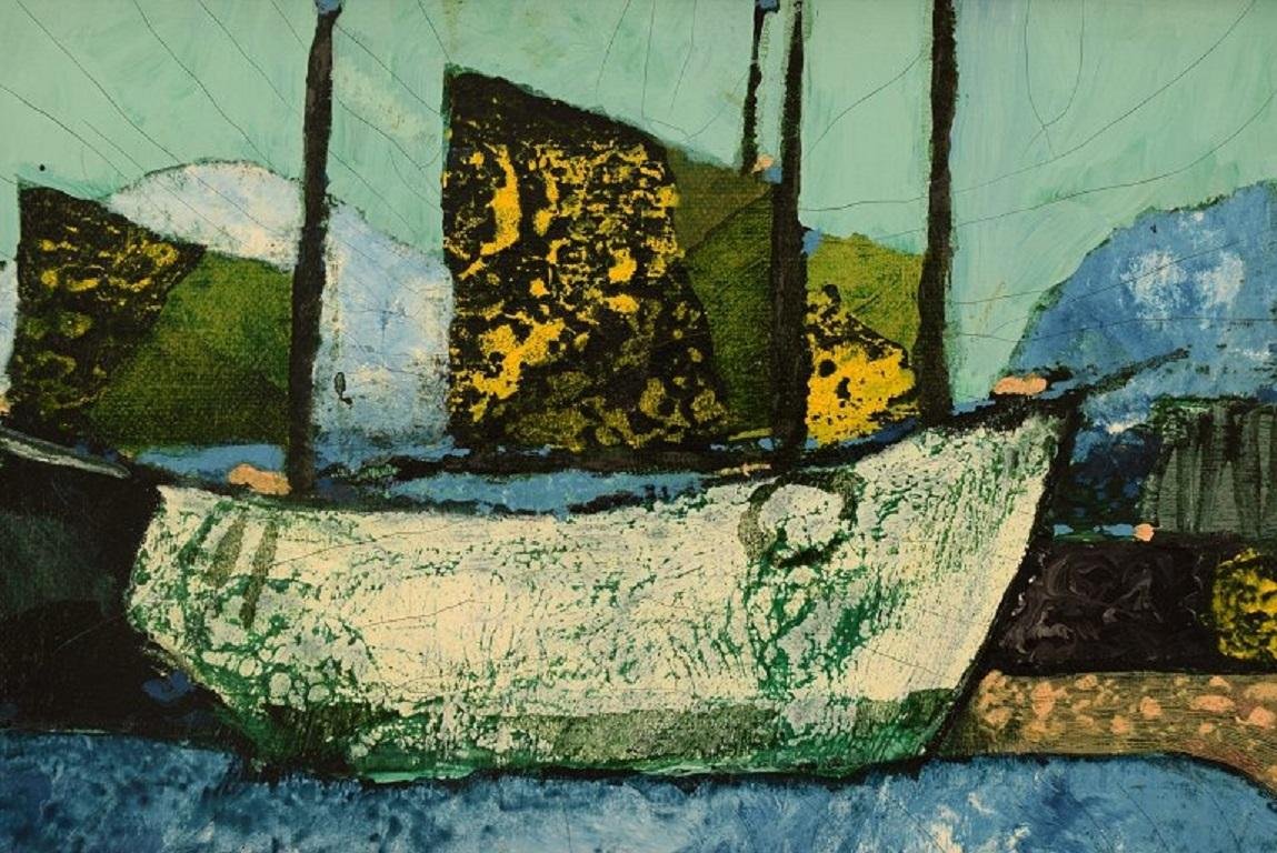 Sven Ahlgren, Modernistische Landschaft mit Booten, Schweden, 1965, Öl ...