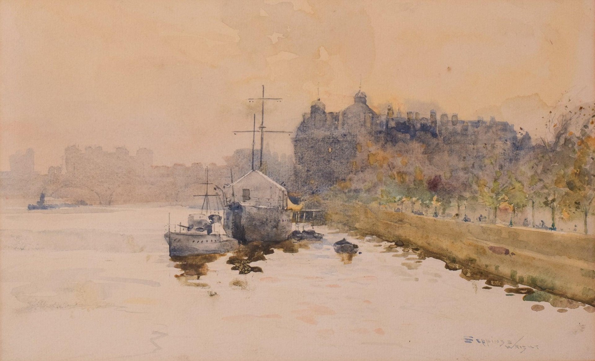 Impressionist Temple Pier London, 1910s, Watercolour on Canvas, Framed ...