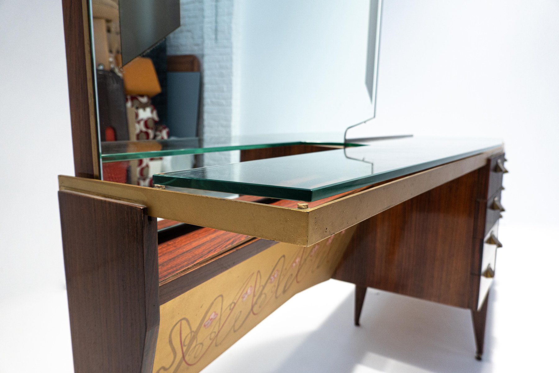 Mid-Century Modern Italian Wooden Dressing Table with Lightning Mirror ...