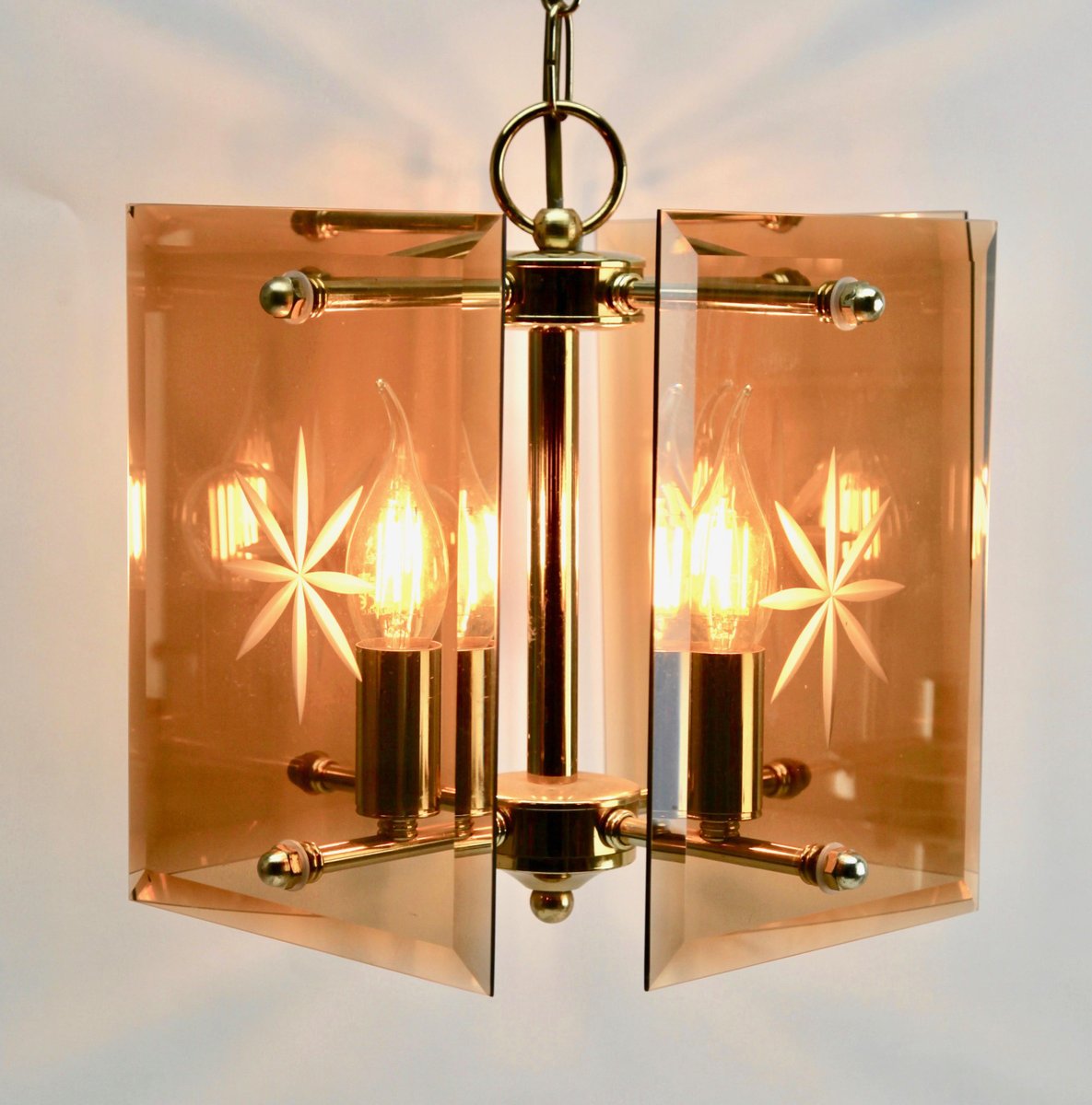 Cuboid Ceiling Center-Light with 4 Lamps Behind Bronzed Glass Panels ...