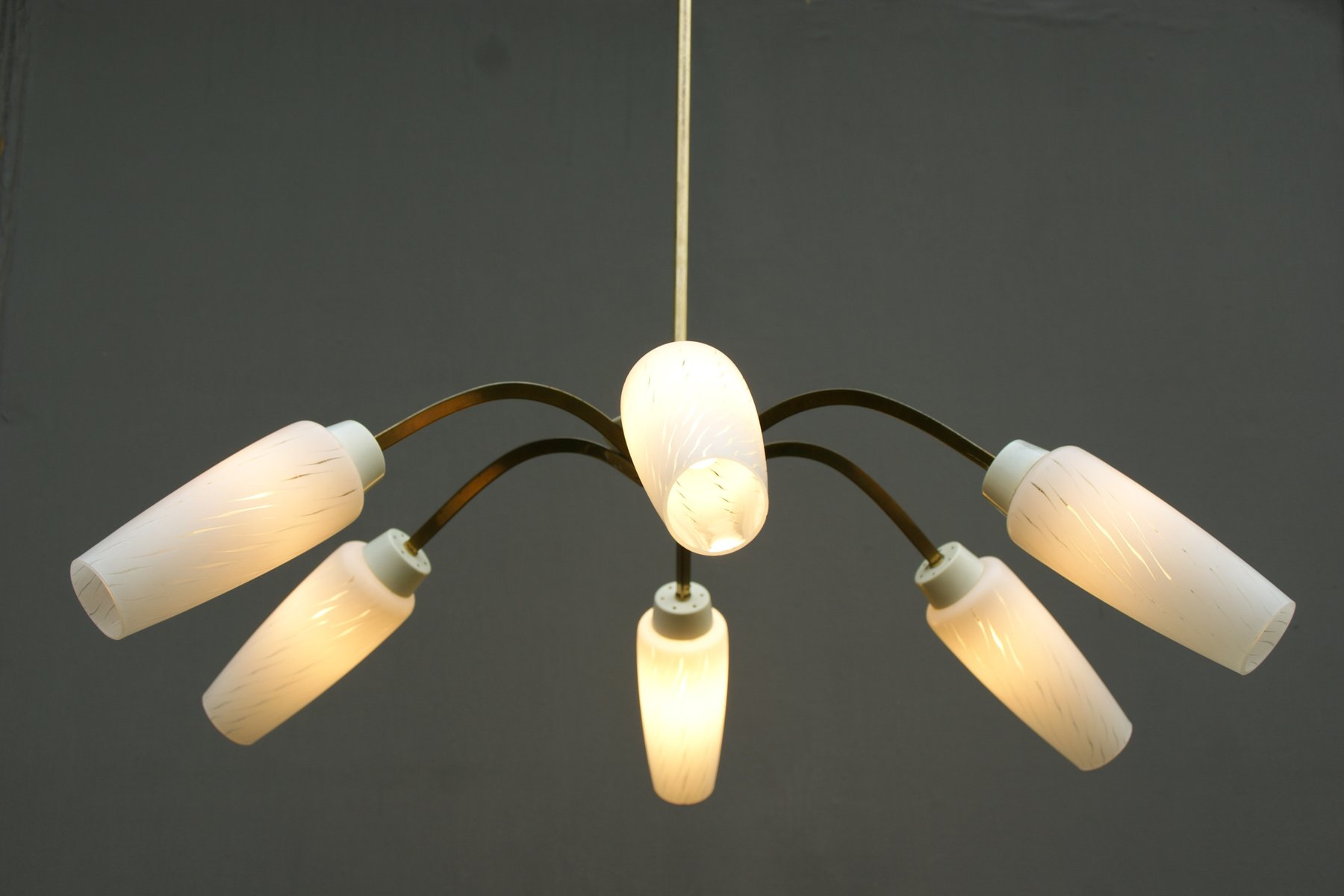 Mid-Century Brass and White Glass Screens 6-Arm Rod Pendant Lamp for ...