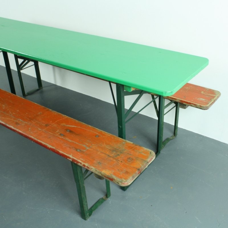 Vintage German Painted Beer Table & Benches, Set of 3 for sale at Pamono