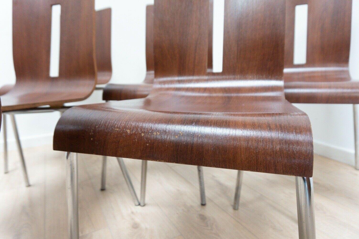 Mid-Century Walnut Ply & Chrome Stacking Dining Chairs, Set of 6 for ...