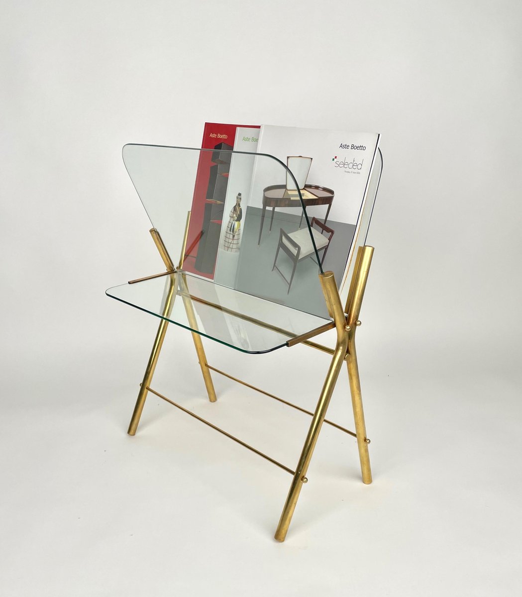 Brass & Glass Magazine Rack, Italy, 1950s for sale at Pamono
