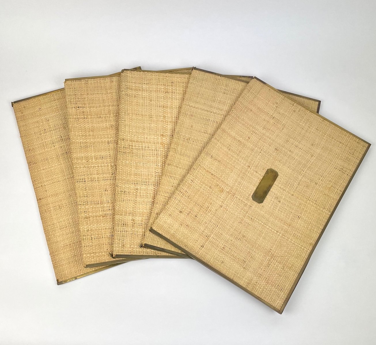 Italian Wicker & Brass File Folders, 1960s, Set of 5 for sale at Pamono
