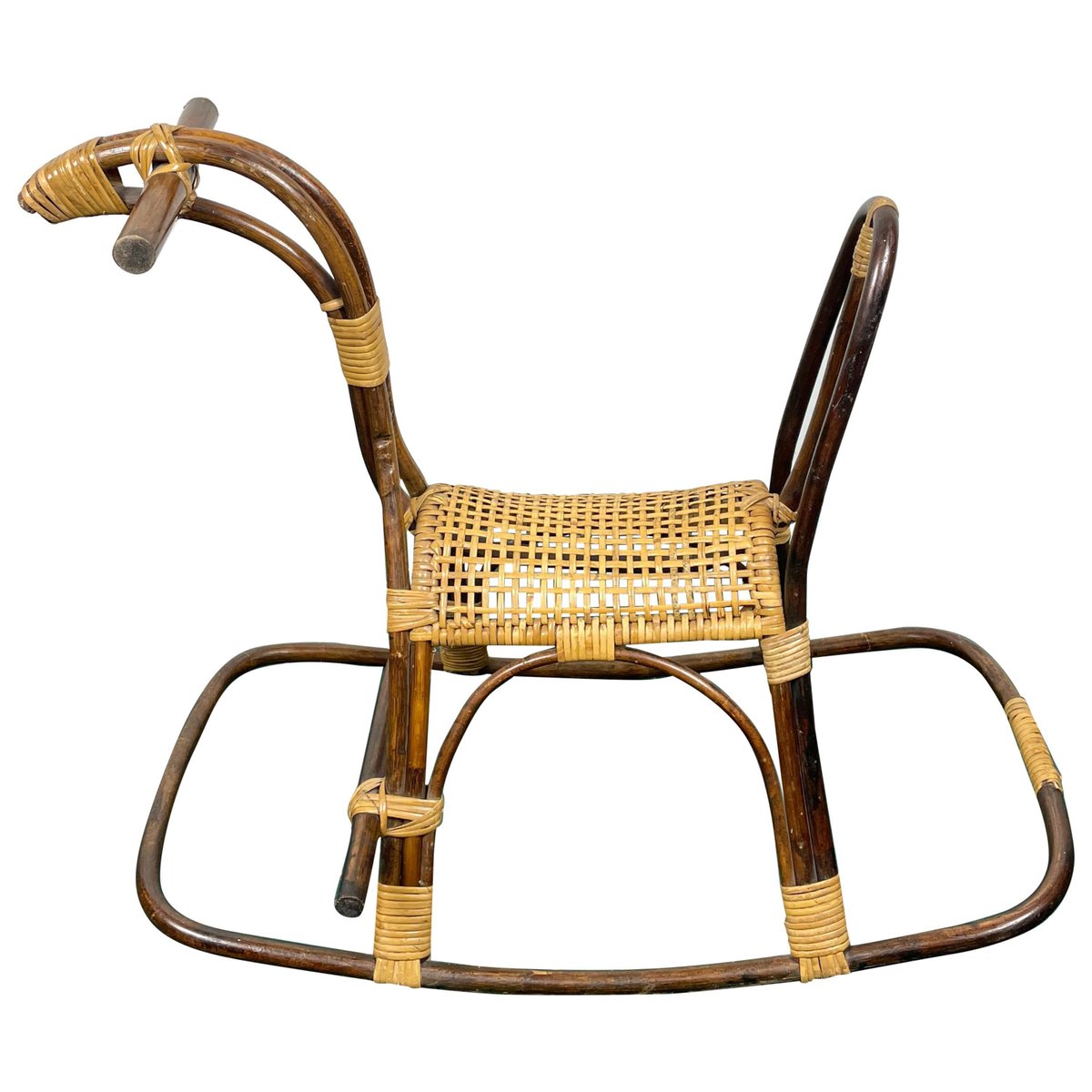 Rattan Bamboo & Wicker Rocking Horse Toy, Italy, 1960 for sale at Pamono