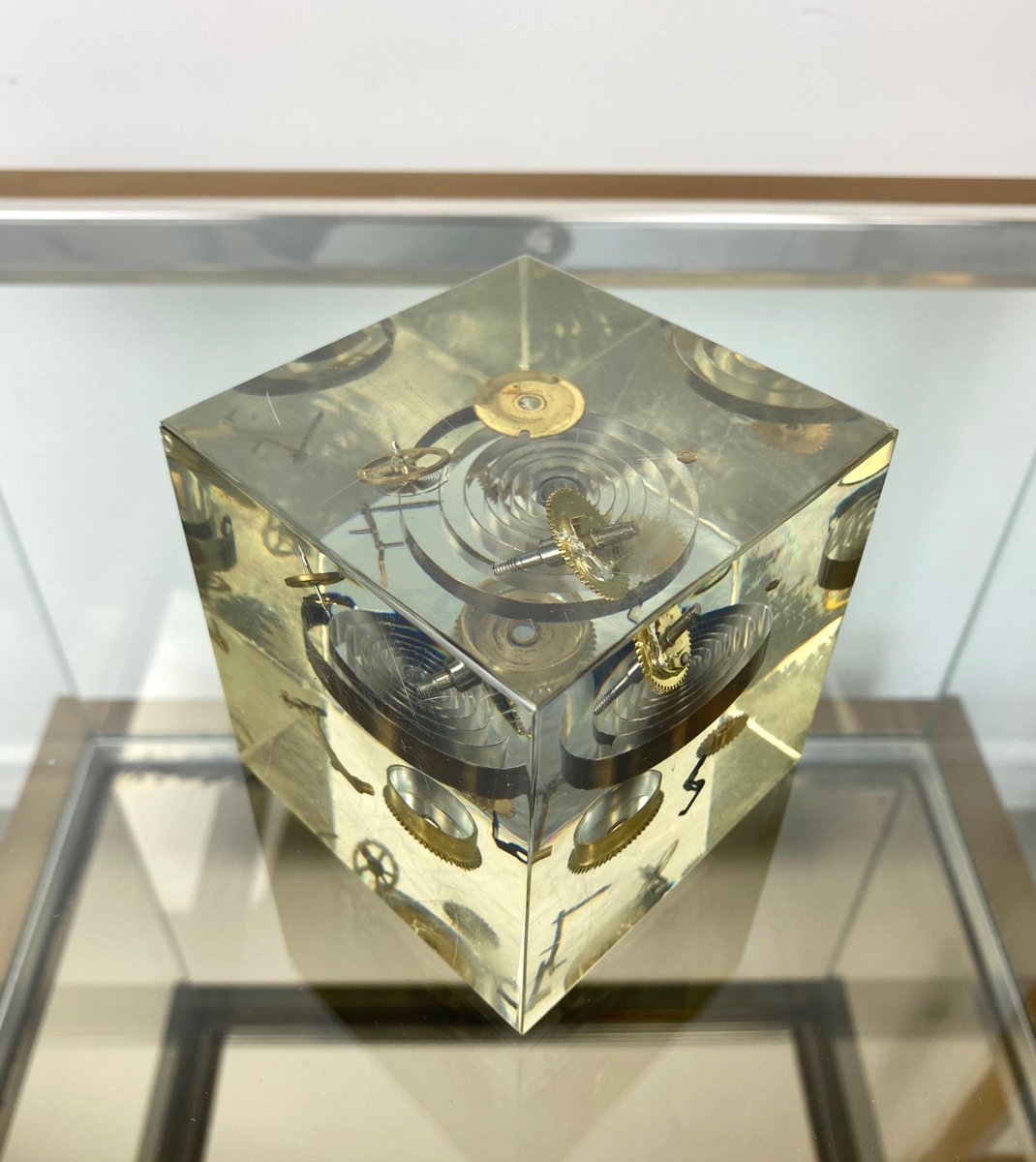 Acrylic Paperweight Cube Sculpture With Clock Parts by Pierre Giraudon ...