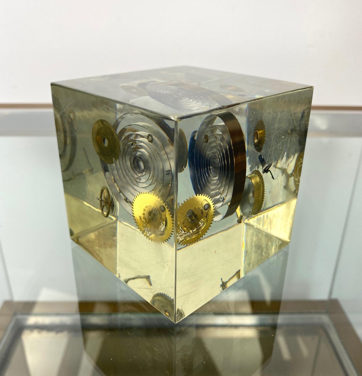 Acrylic Paperweight Cube Sculpture With Clock Parts by Pierre Giraudon ...