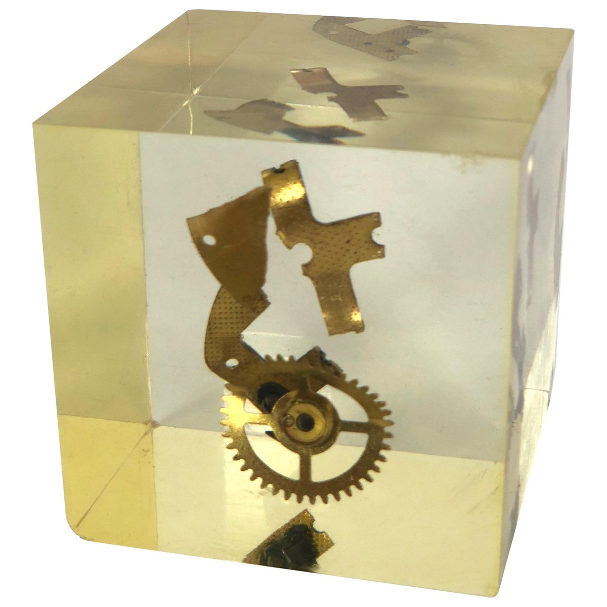 Modernist French Cube Sculpture in Acrylic Resin with Gears by Pierre ...