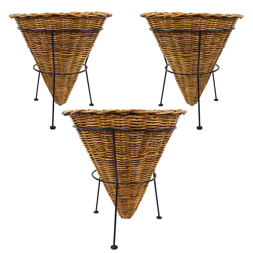 Large Black Metal Frame & Wicker Baskets, 1950s, Set of 3 for sale at ...