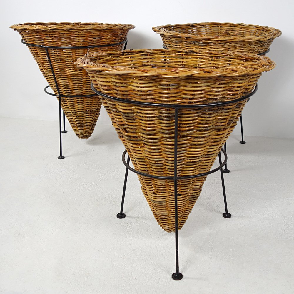 Large Black Metal Frame & Wicker Baskets, 1950s, Set of 3 for sale at ...
