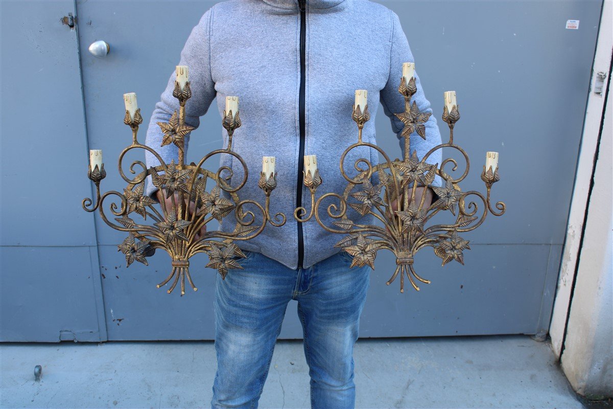 Italian Hand-Forged Metal Wall Lights with Aged Gold Finish, 1950s, Set ...
